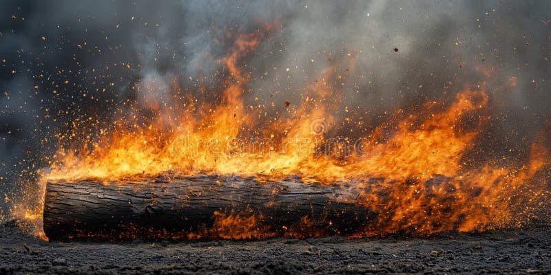 Burning Log with Flames and Sparks Creating Dramatic Fire Scene Stock ...