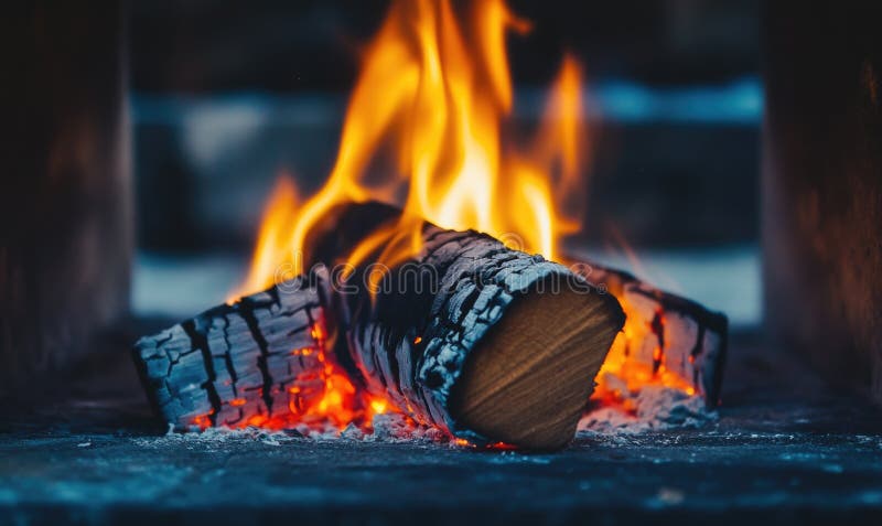 A Burning Log in a Minimalist Fireplace, Bright Flames Stock Photo ...