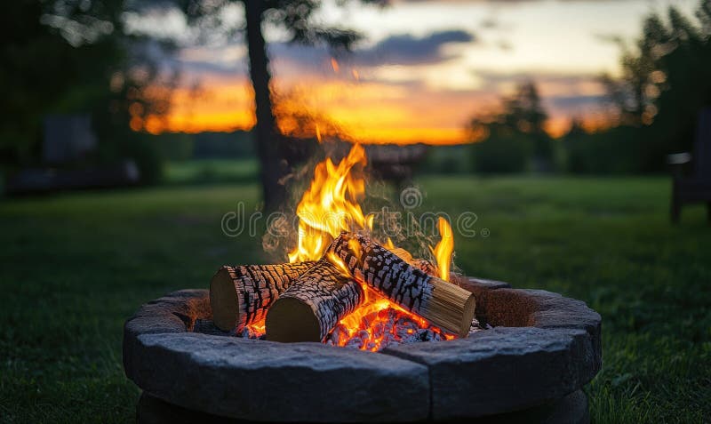 A Burning Log in a Rustic Outdoor Firepit, Flames Crackling Stock Photo ...