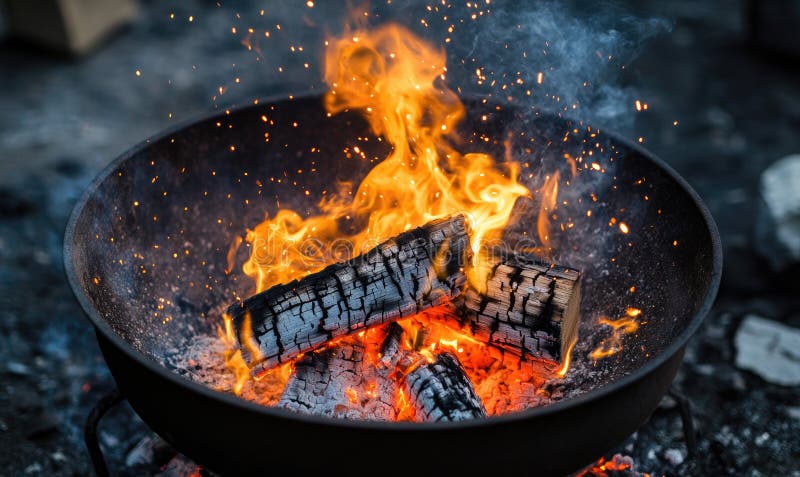 A Burning Log in a Rustic Outdoor Firepit, Sparks Flying Upward Stock ...