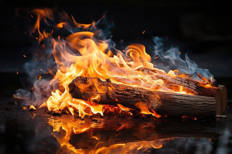 A Burning Log Showing Finely Detailed Flames and Sparks Stock ...