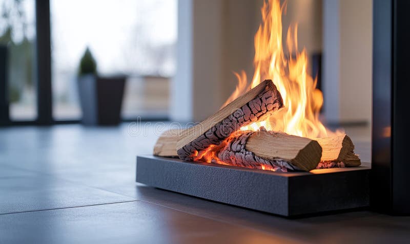 A Burning Log in a Sleek Modern Fireplace, Bright Flames Stock Photo ...