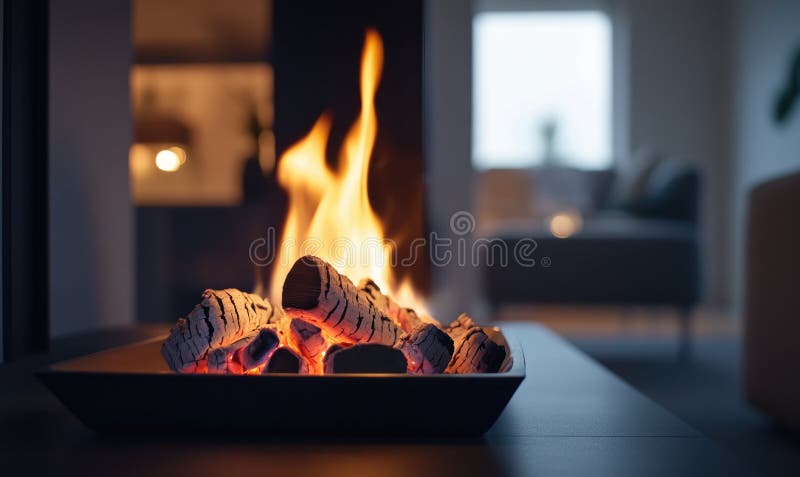 A Burning Log in a Sleek Modern Fireplace, Bright Flames Stock Photo ...