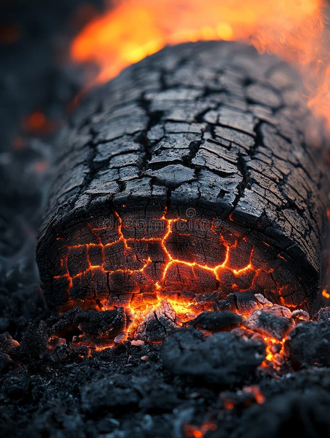 Burning Log with Vivid Glowing Embers and Crackling Flames. Stock Image ...