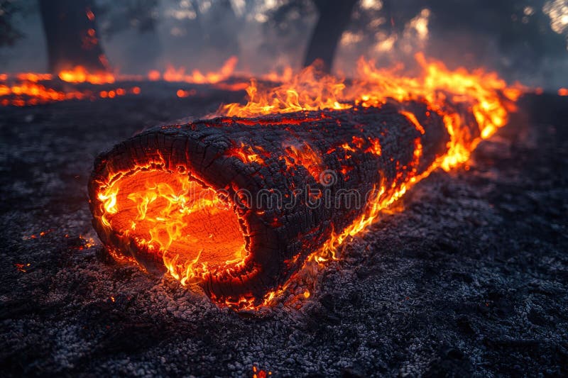 A Burning Log in a Woodland Setting with Flames Engulfing the ...