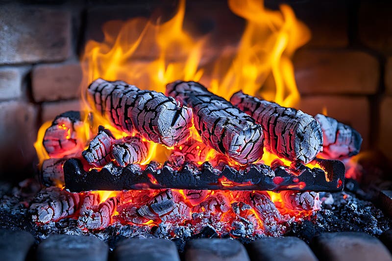 Burning Logs in Brick Fireplace Stock Image - Image of orange, light ...