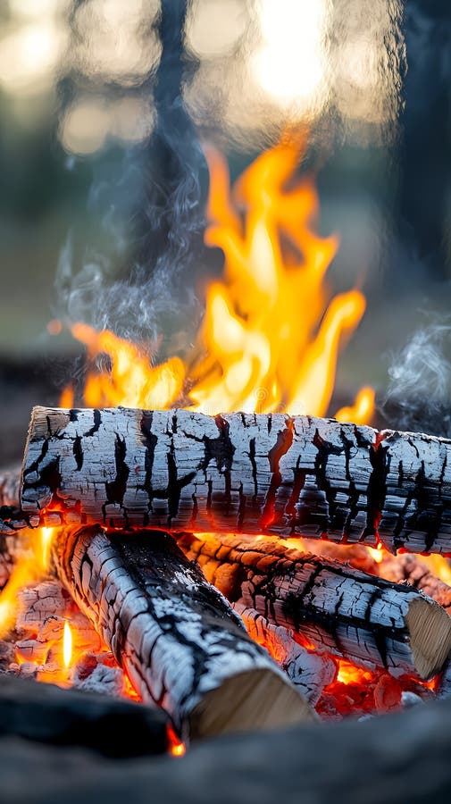 Burning Logs Creating a Campfire with Rising Smoke and Flames at Sunset ...