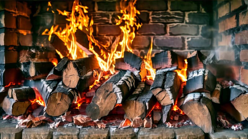 A Brick Fireplace in Which a Fire Burns. Fire Place with Burning Fire ...