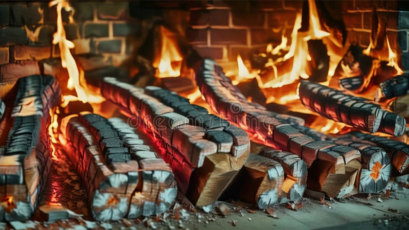 A Brick Fireplace in Which a Fire Burns. Fire Place with Burning Fire ...