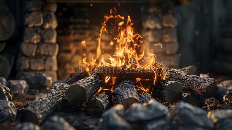 Burning Logs in a Fireplace. this is AI Generative Image. Stock ...