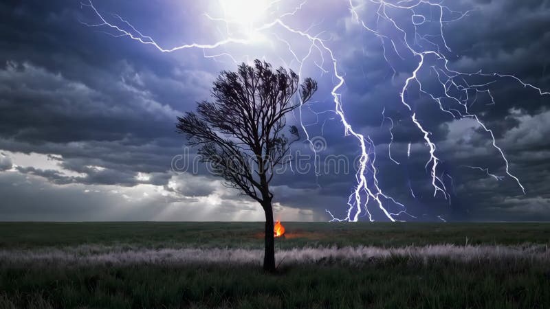 Burning Lonely Tree in a Field during a Thunderstorm and Rain Stock ...