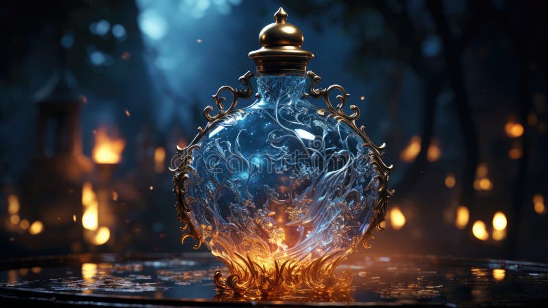 Burning Magic Potion in Crystal Bottle. Halloween Witchcraft Stock ...