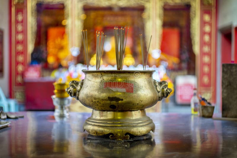 Burning Many Incense in a Golden Pot Stock Photo - Image of black ...