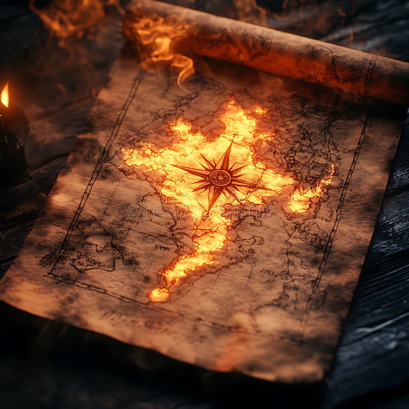 A Burning Map with a Compass at Its Center Stock Illustration ...