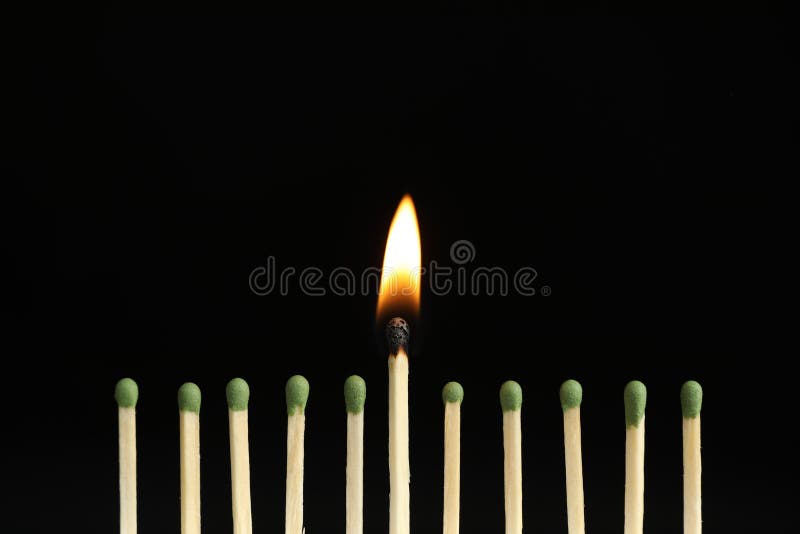 Burning Match among Unlit Ones on Black Background, Closeup Stock Image ...