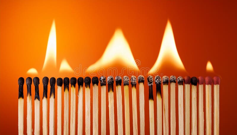 Burning Matches on Black Background. Matchsticks on Fire in Row of ...