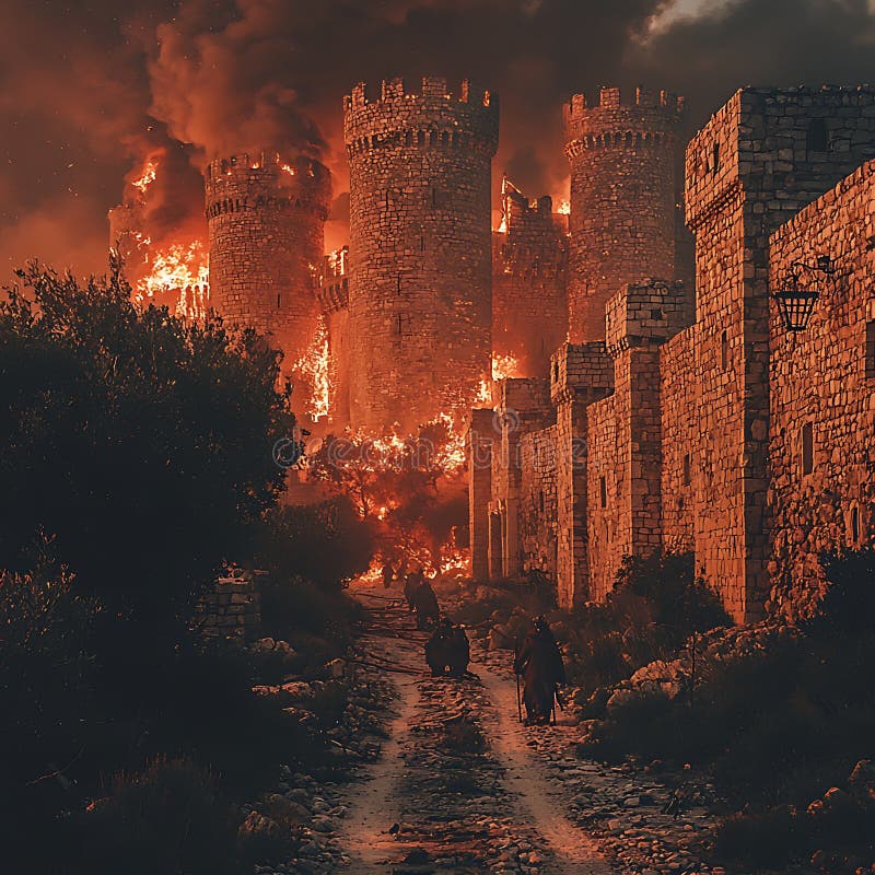 Burning Medieval Castle Siege Stock Photo - Image of towers, rocks ...