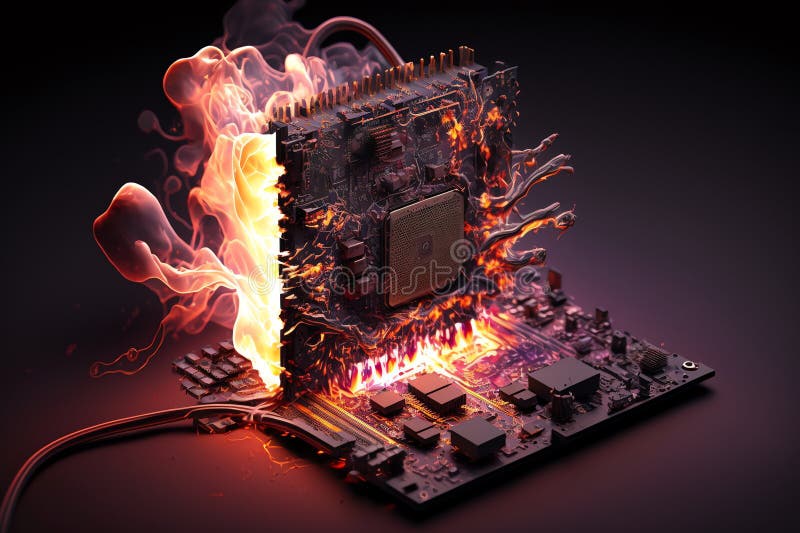 Burning Microchip in Macro. Electronic Circuit Board Close Up ...