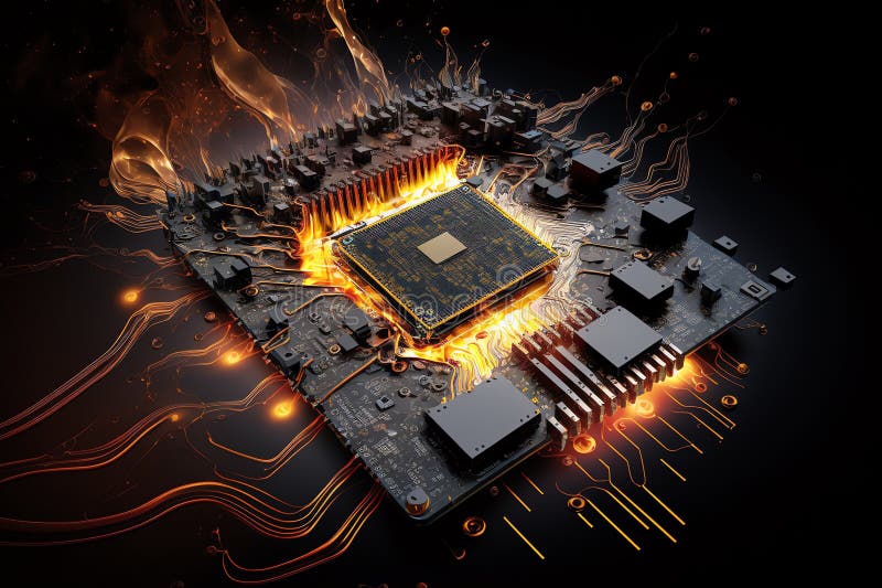 Burning Microchip in Macro. Electronic Circuit Board Close Up ...