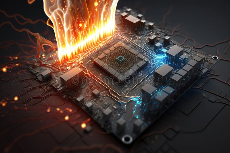 Burning Microchip in Macro. Electronic Circuit Board Close Up ...