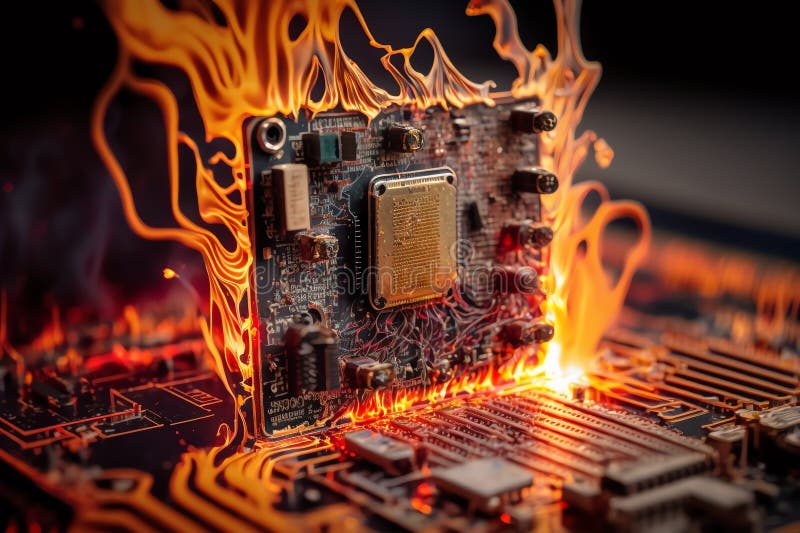 Burning Microchip in Macro. Electronic Circuit Board Close Up ...