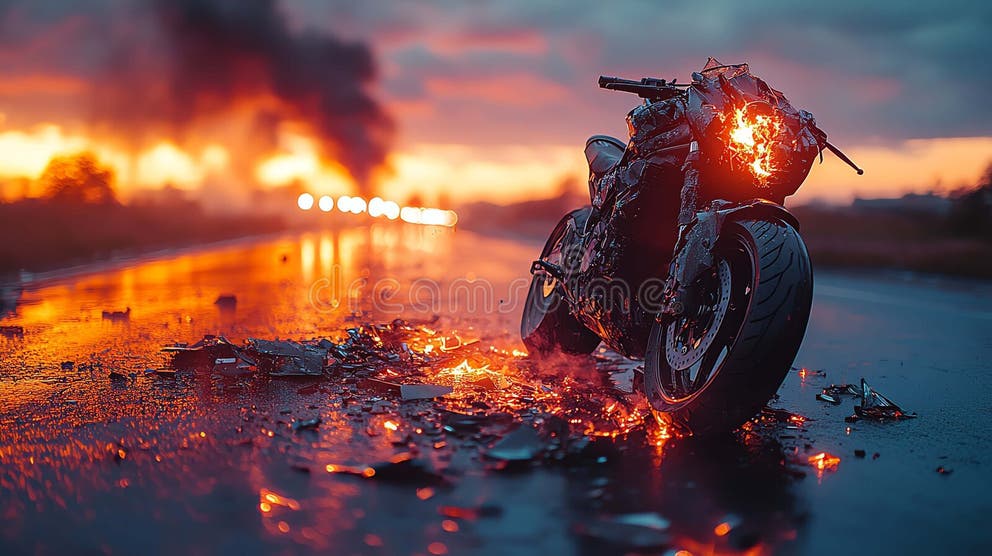 Burning Motorcycle on a Wet Road during a Dramatic Sunset Stock ...