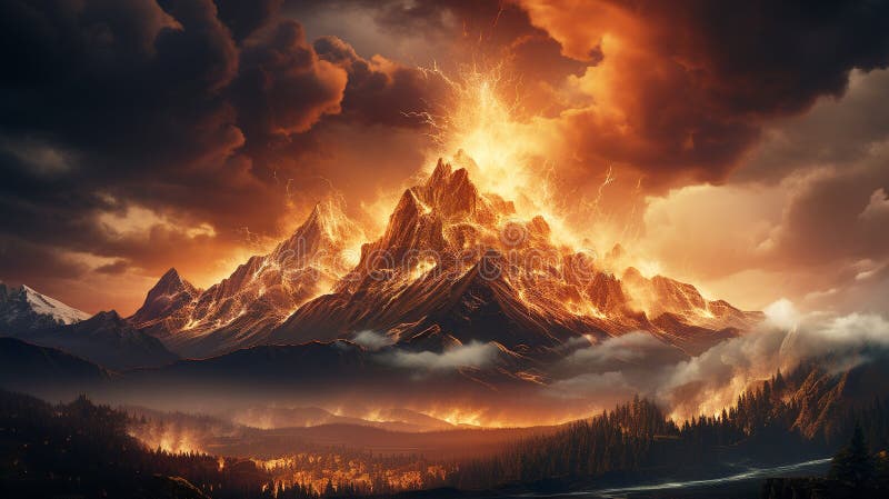 Burning Mountain Peak Erupting with Flame and Smoke at Dusk Stock ...