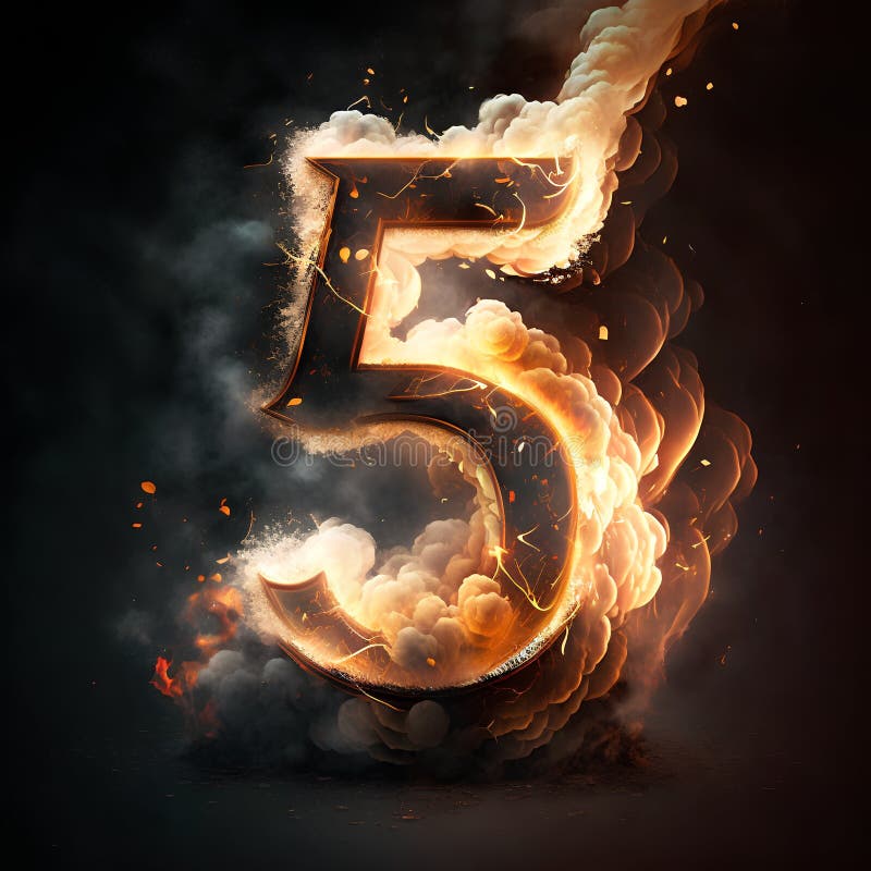 Burning Number 5 with Smoke and Fire Isolated on Black Background ...