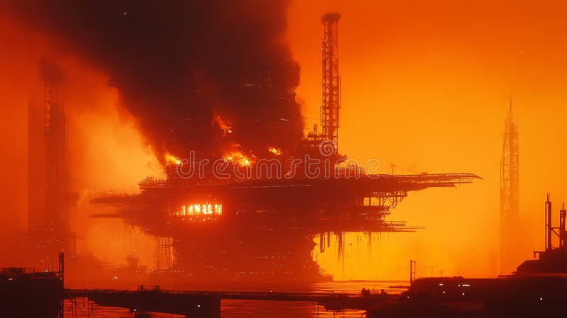 Burning Oil Rig at Sea at Night Stock Illustration - Illustration of ...