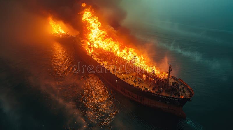 Burning Oil Tanker in the Ocean. Stock Image - Image of pollution ...