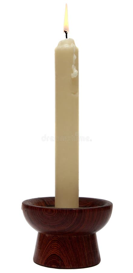 Burning Old Candle Vintage Wooden Candlestick. Stock Photo - Image of ...