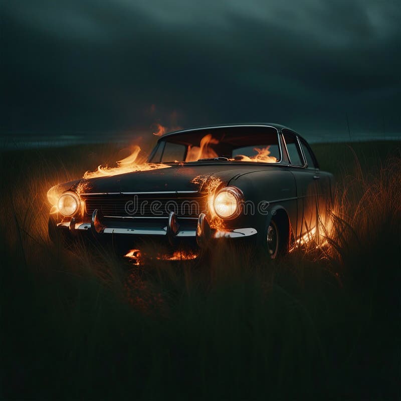 Burning Old Car in Tall Grass. Evening Stock Illustration ...