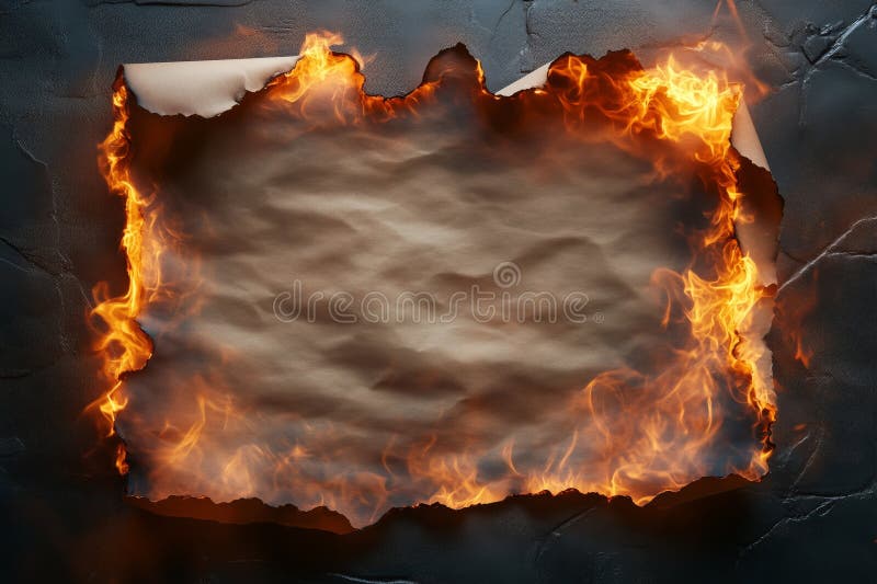 Burning Old Paper Sheet with Dark Frame on Fire on Concrete Wall ...