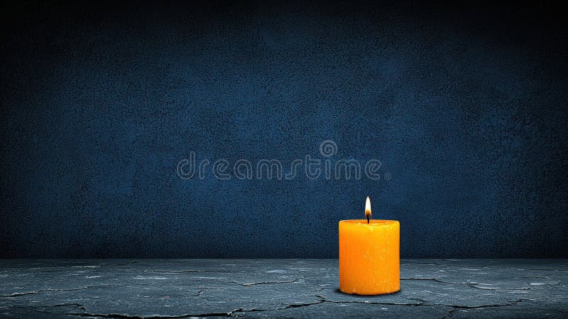 A Burning Orange Candle on a Dark Blue Textured Background Stock ...