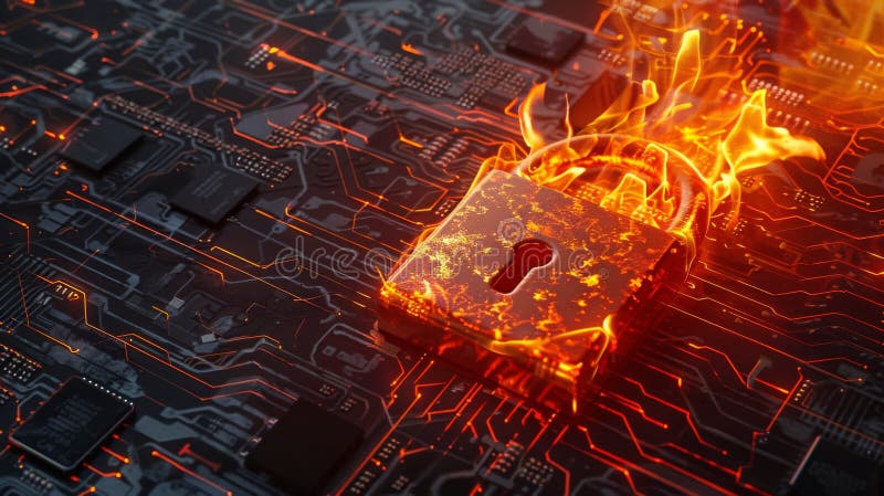 Burning Padlock on a Computer Circuit Board, Cybersecurity Breach ...