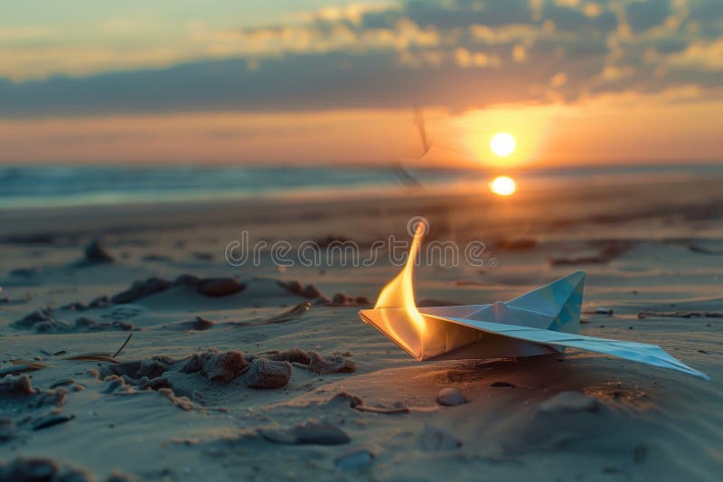 Burning Paper Plane on a Sandy Beach during Sunset Stock Image - Image ...
