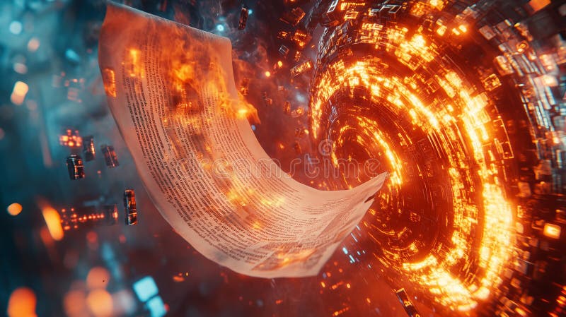 Burning Paper Scroll Slowly Unrolling in Zero Gravity Surrounded by ...