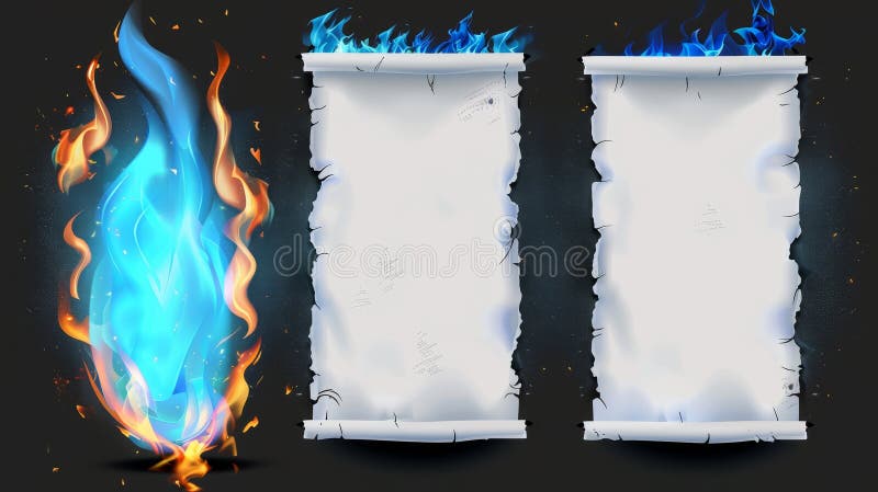 Burning Paper Sheets with Blue Fire and Black Scorched Edges Fly in the ...