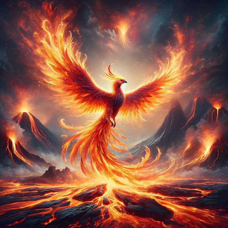Burning Phoenix Bird Rising from a Volcanic Landscape Stock ...