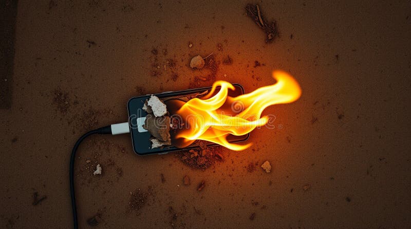 Burning Phone on the Ground. Cautionary Image of Device Malfunction ...