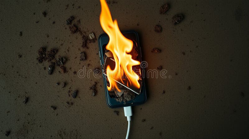 Burning Phone on the Ground, Flames Engulfing the Shattered Screen. a ...
