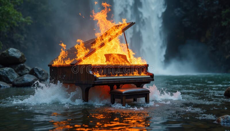 Burning Piano Floats on Water Near Waterfall. Dramatic Visual Art Piece ...