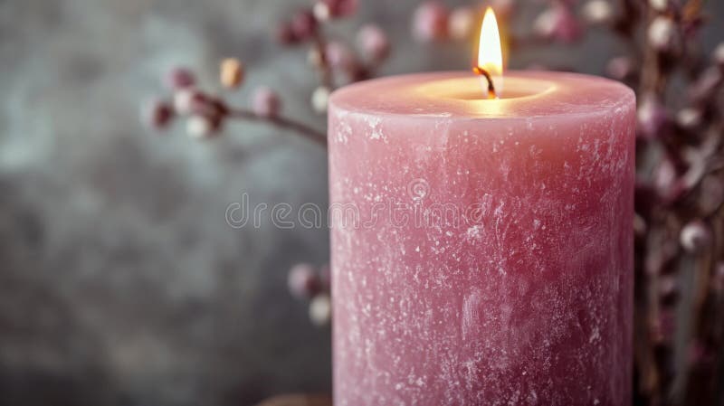 A Burning Pink Candle Sits Near Decorative Branches Stock Illustration ...