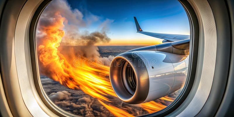 Burning Plane Engine Fire And Smoke View From The Window Ai Created Content Stock Illustration