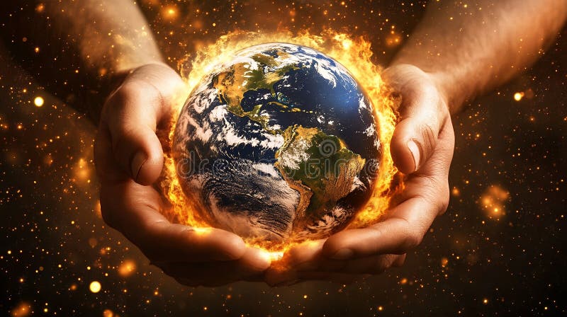 Burning Planet Earth Held in Hands Global Warming Climate Change ...