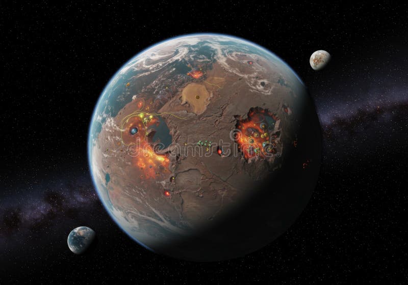 Burning Planet in Space with Explosions and Moons Stock Illustration ...