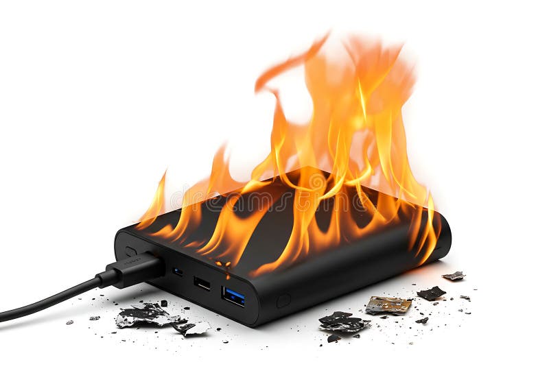 Burning Power Bank Dangerously on Fire: Cautionary Image of Electrical ...