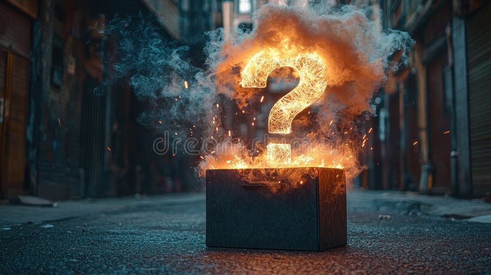 Burning Question Mark Rising from a Dark Box Stock Illustration ...