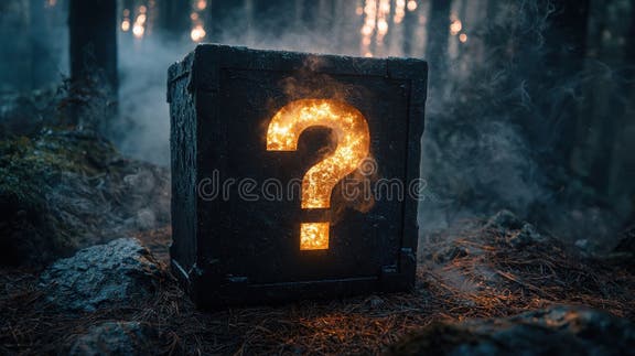 Mystery Box with Glowing Question Mark in Forest Stock Illustration ...