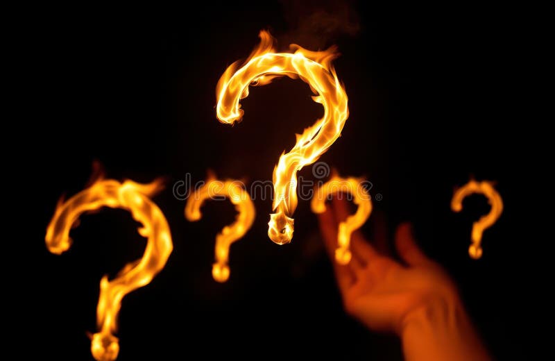 Burning Question Marks Float in Dark Interior Space. Intense Flames ...